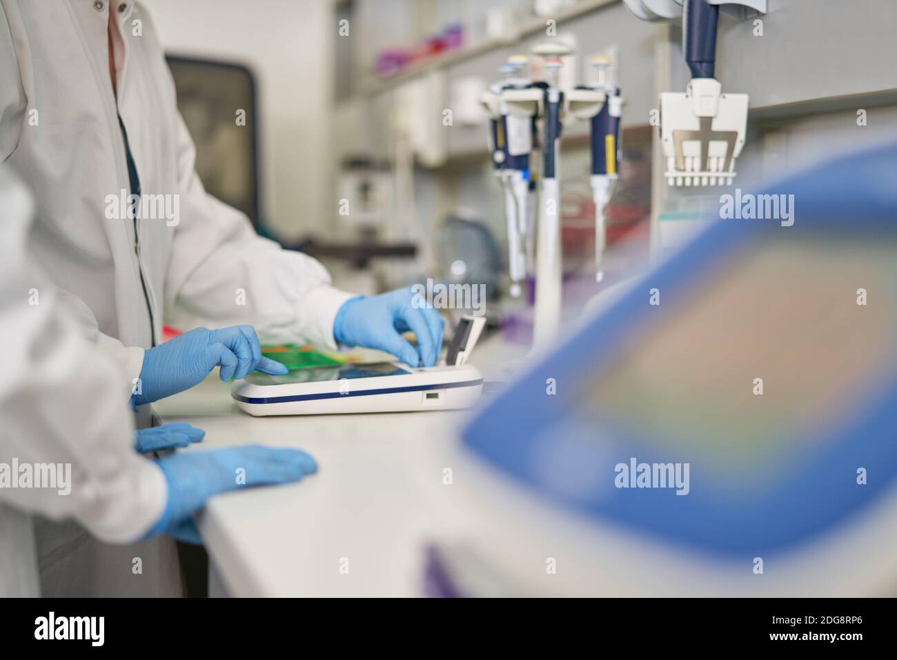 Scientists in rubber gloves using equipment in laboratory Stock Photo ...