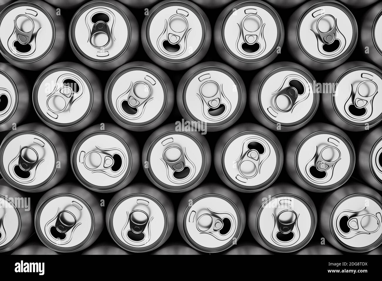 Group of silver recyclable aluminum cans from above closeup full frame ...