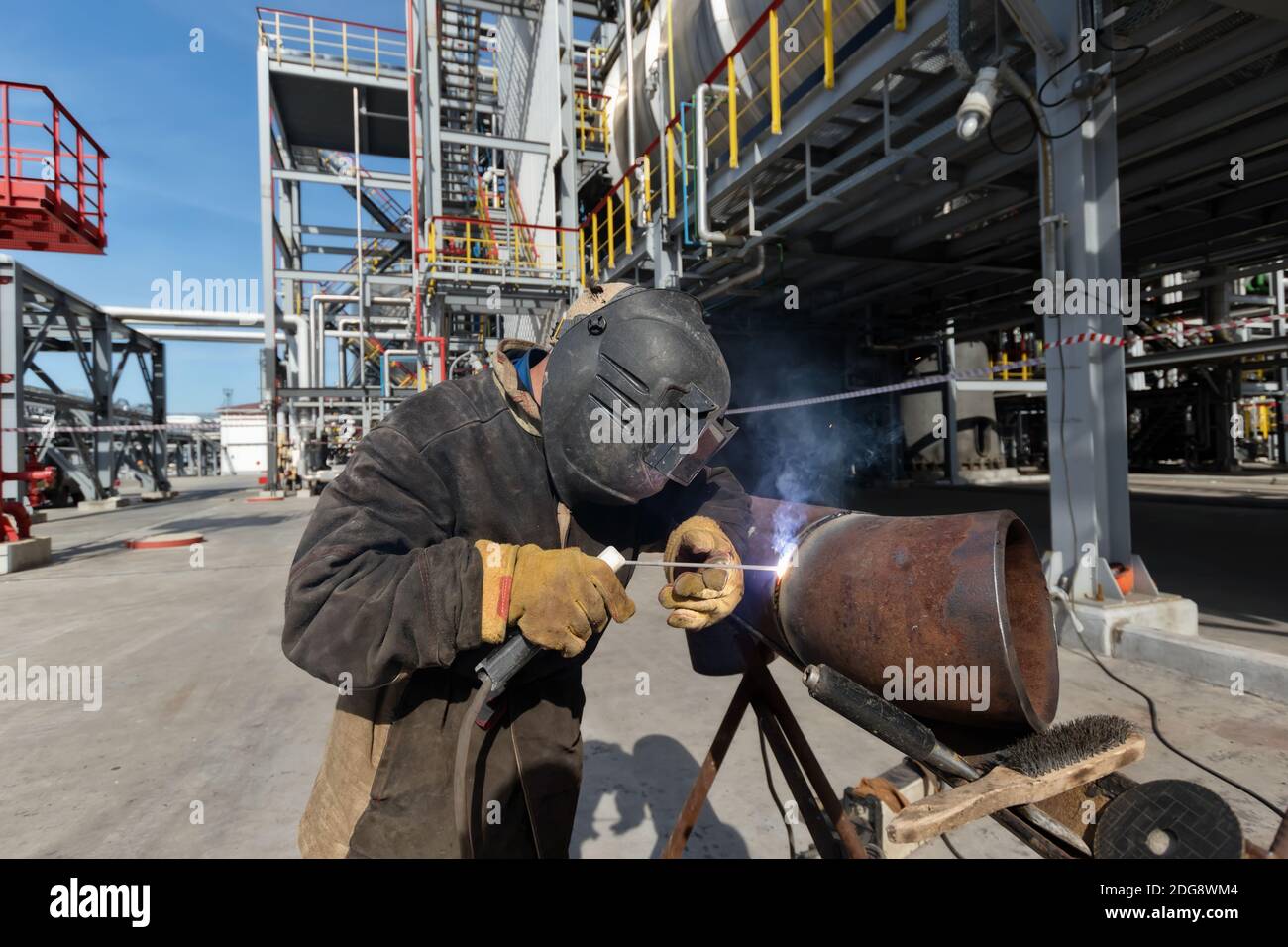 Welding works at installation of new pipeline Stock Photo - Alamy
