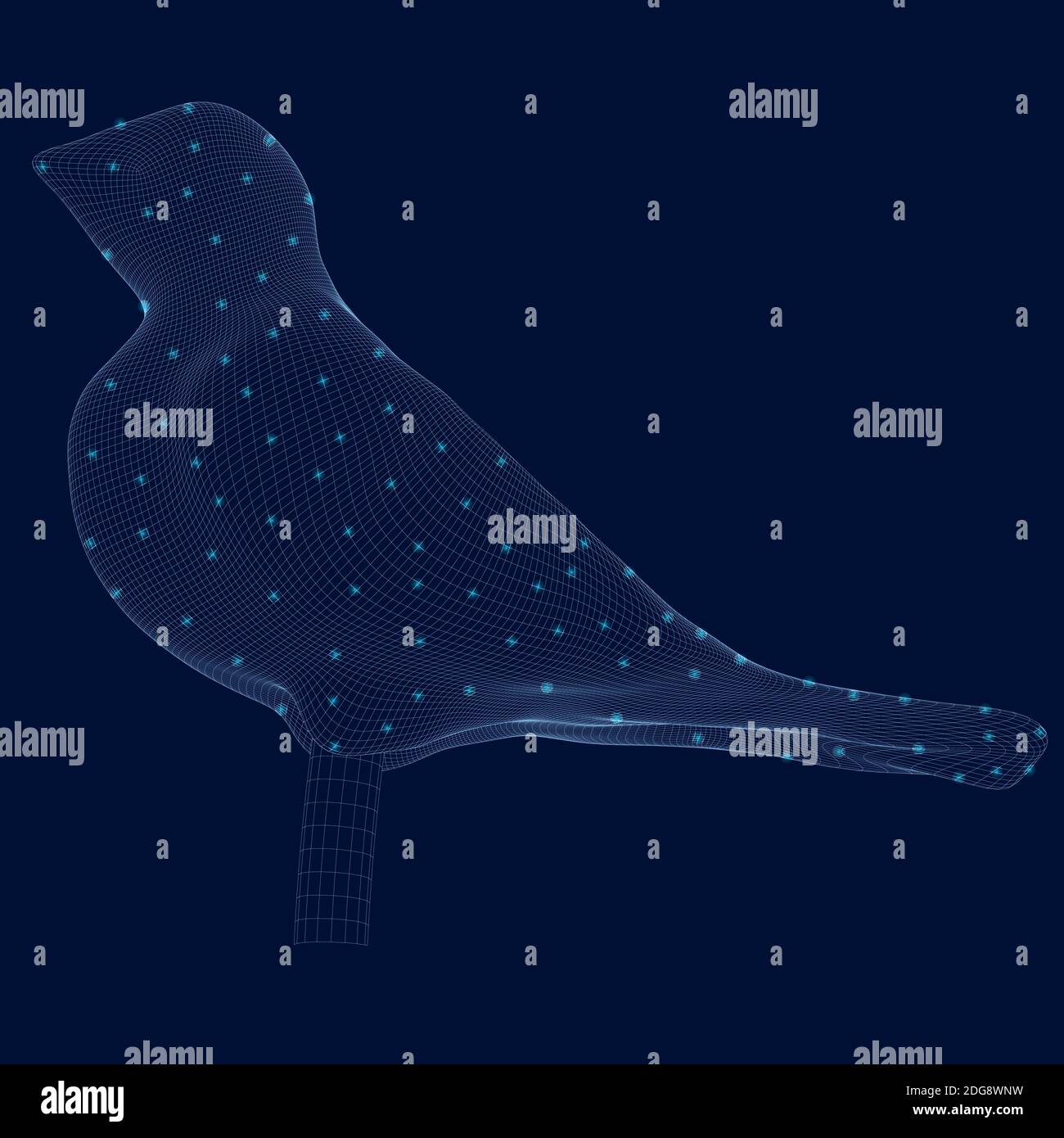 Wireframe of a bird made of blue lines on a dark background with ...