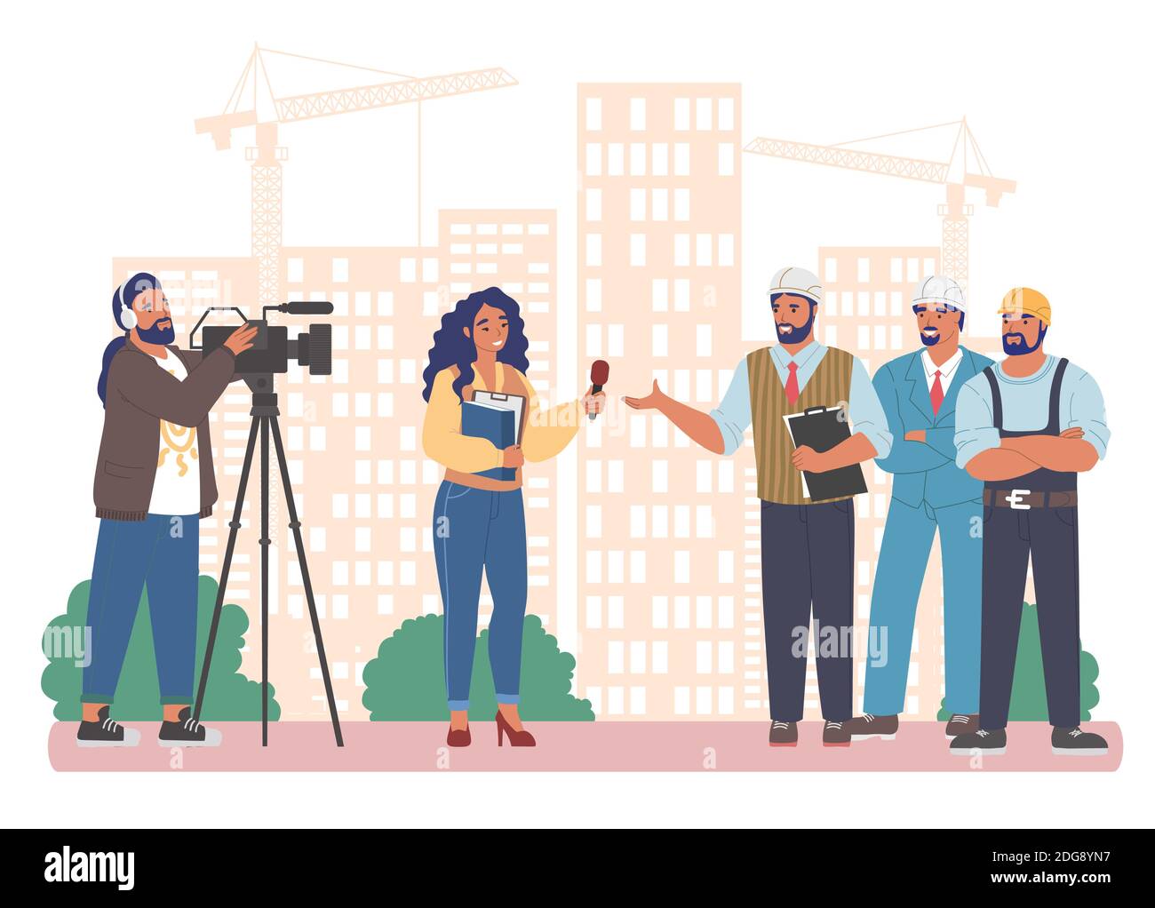 Female journalist, news reporter with microphone and cameraman interviewing builder workers ...