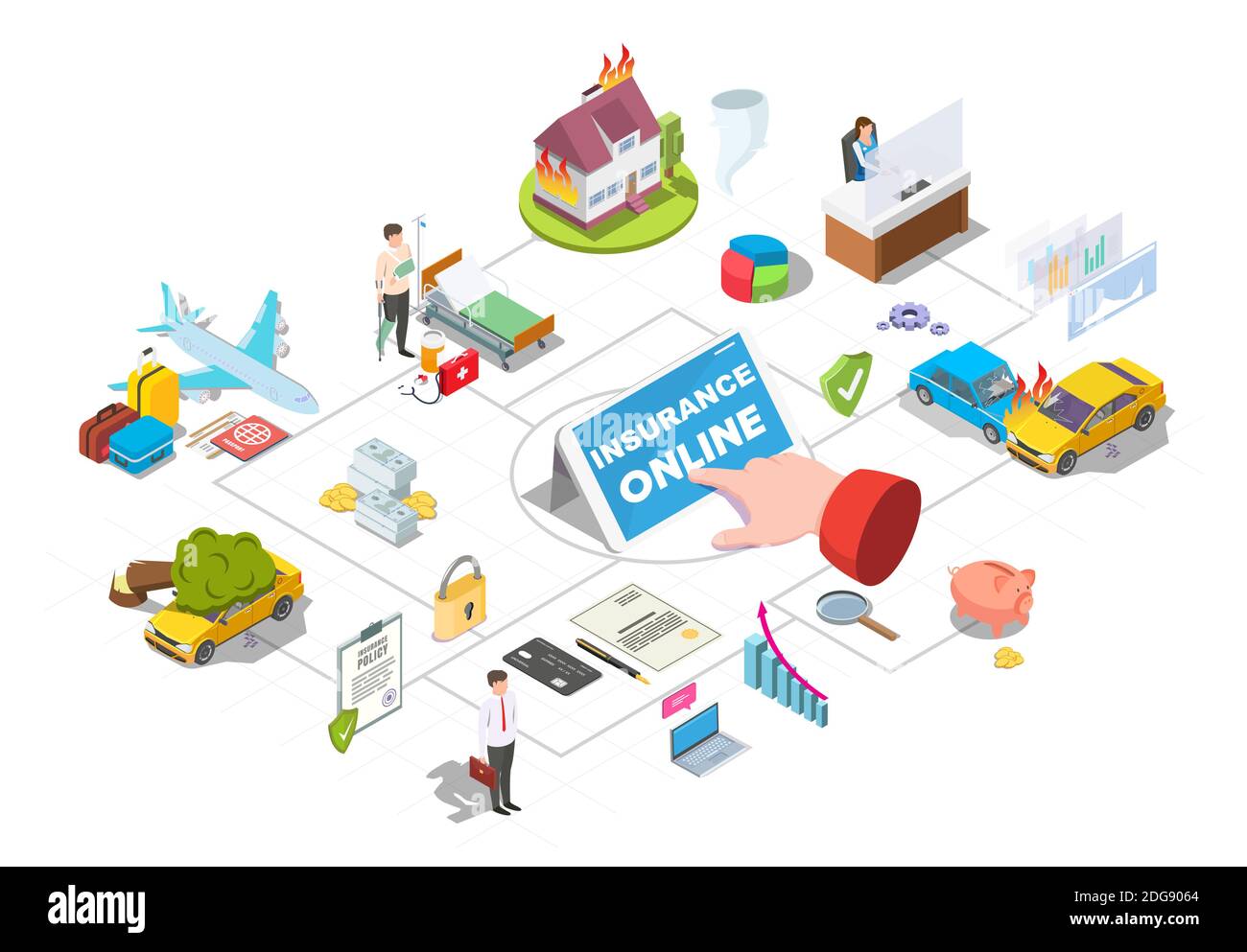 Online insurance isometric flowchart, vector illustration. Car, home ...