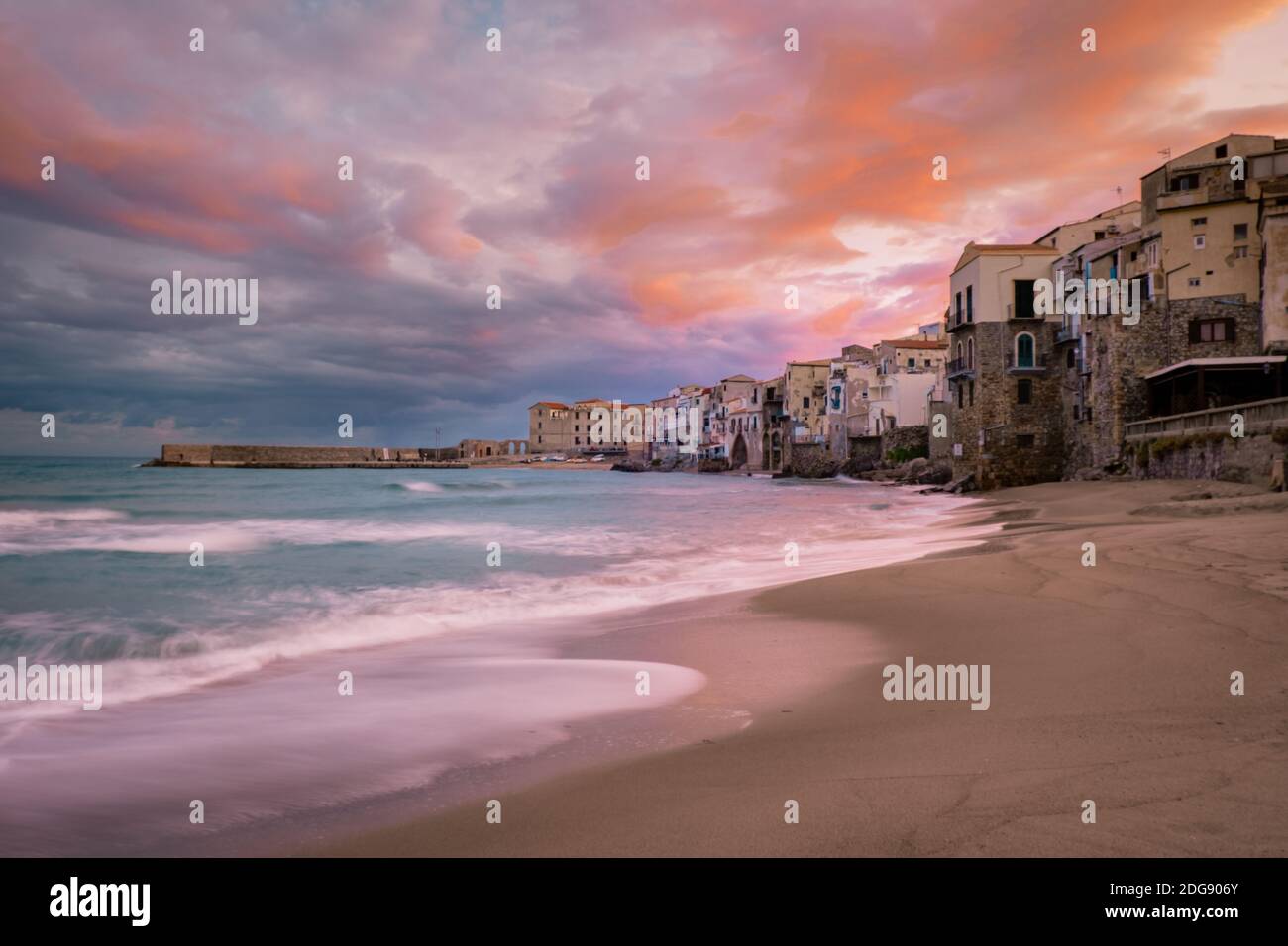 sunset at the beach of Cefalu Sicily, old town of Cefalu Sicilia ...