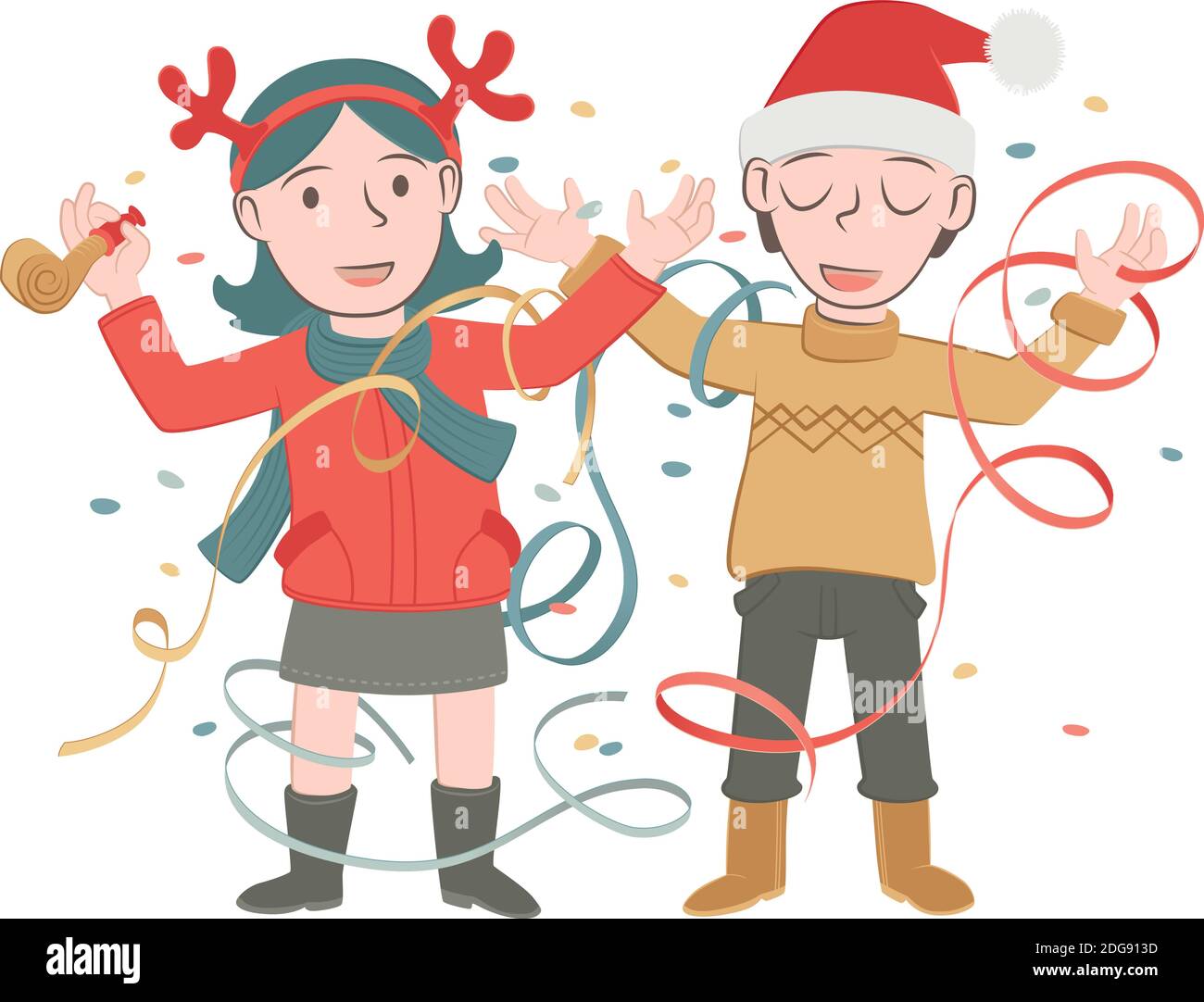 Retro style illustration of a kids with streamers and confetti ...