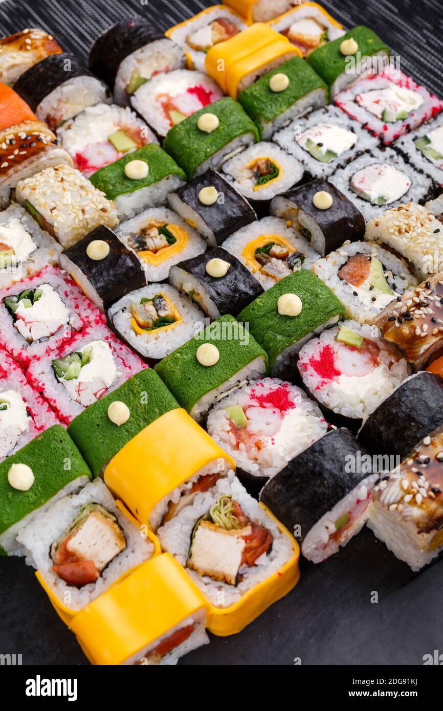 Set of sushi. Different types of Maki and Nigiri sushi. Bright and ...