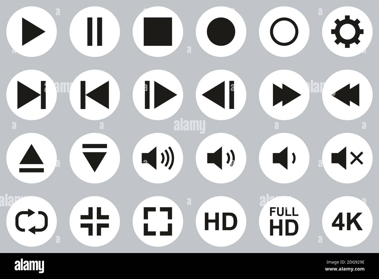Video & Audio & Camera Button Icons Black & White Flat Design Circle ...
