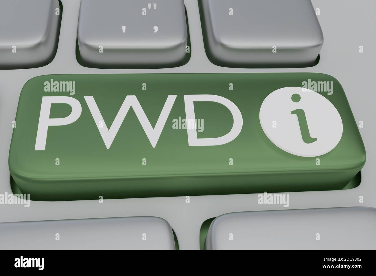 3D illustration of computer keyboard with the script PWD on green ...