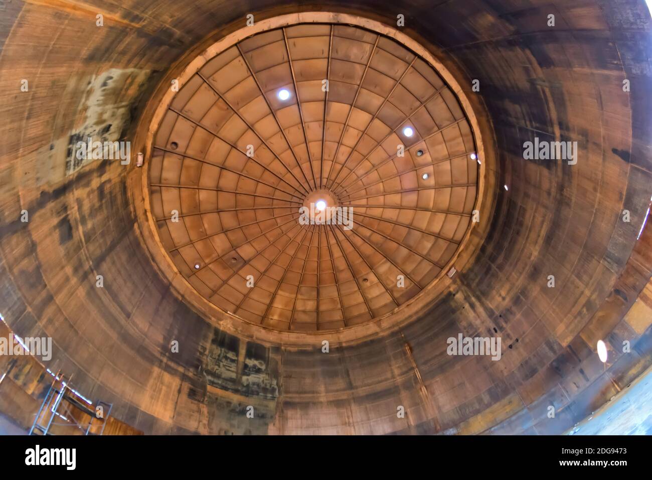 Fisheye bottom-up view of roof inside the old rusty storage tank Stock ...