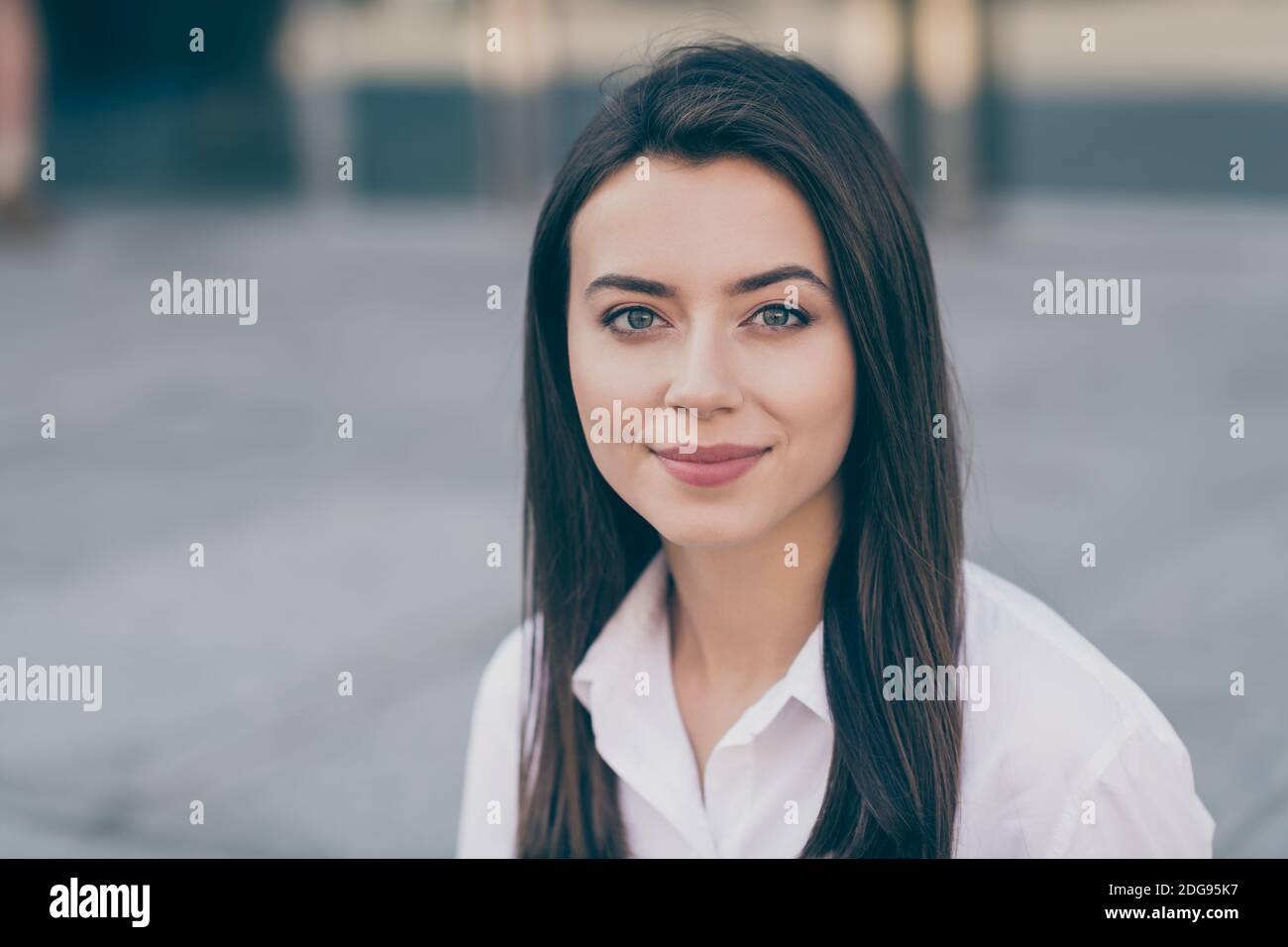 Photo of pretty confident young lady lawyer broker dressed white formal ...