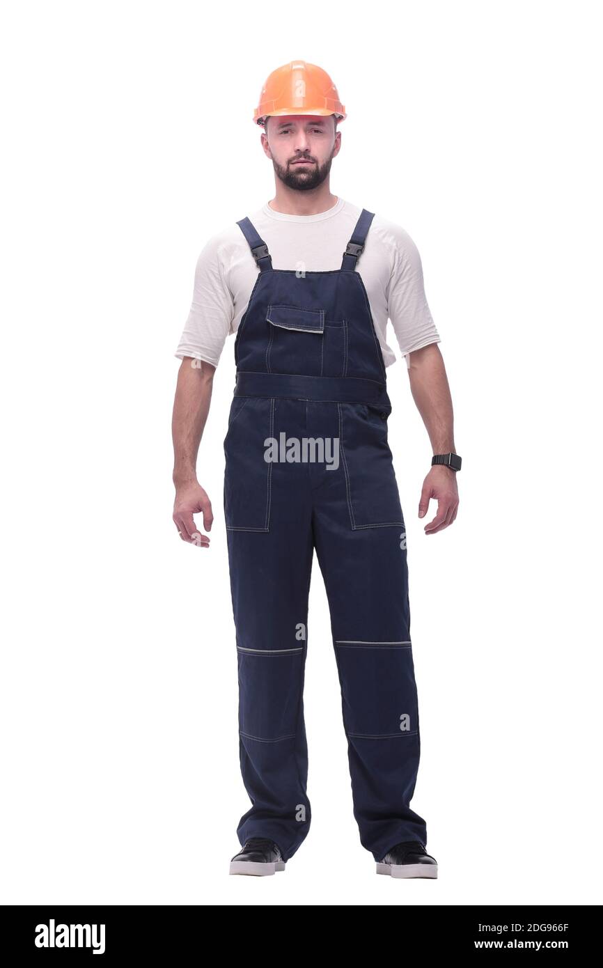 confident man in overalls . isolated on white Stock Photo - Alamy