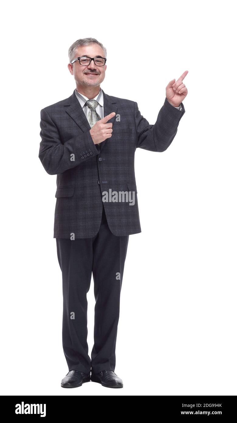 smiling adult male pointing in the direction. isolated on a white Stock ...