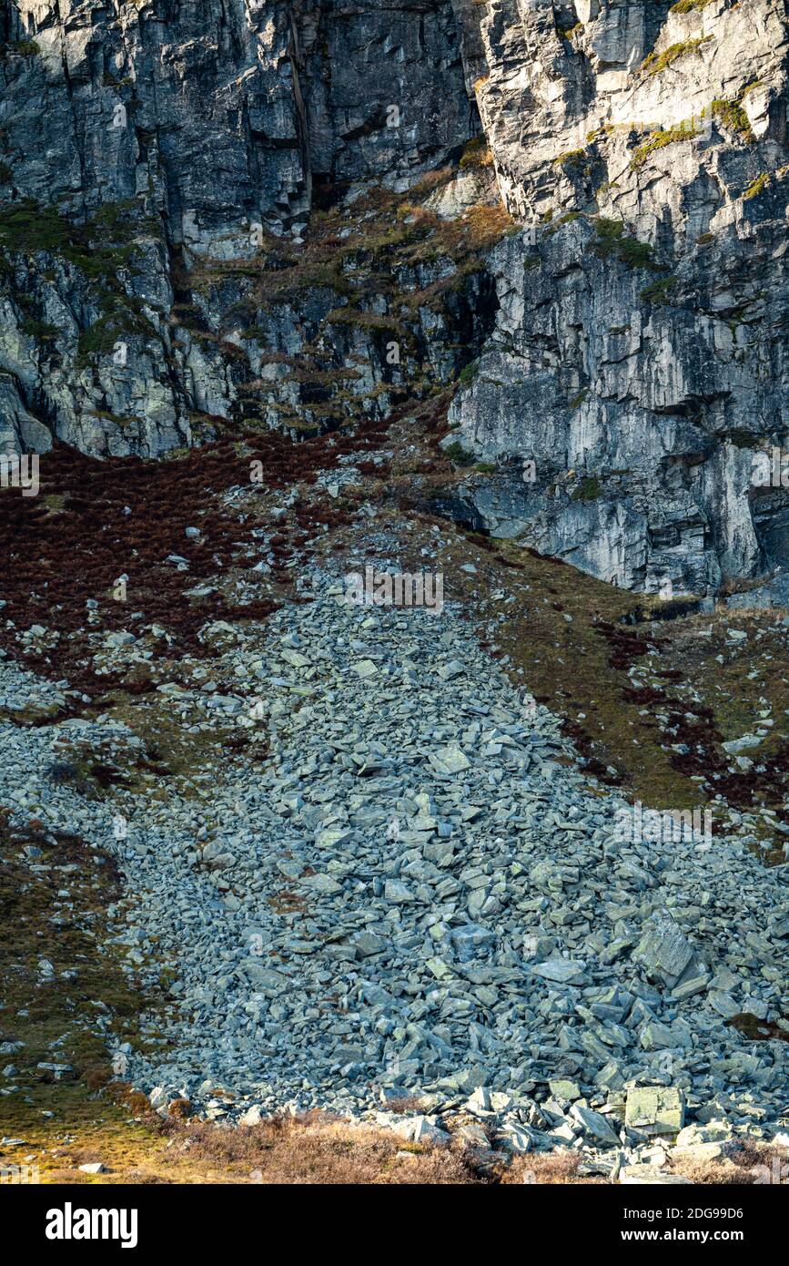 Massive pile of large boulders and rocks after a part of the mountain ...