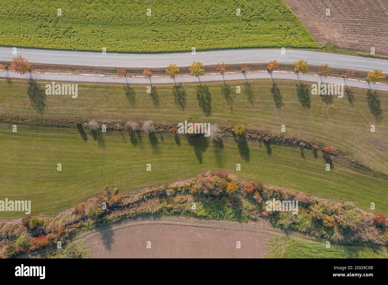 Picture of an aerial view of the landscape in Bavaria with street field ...