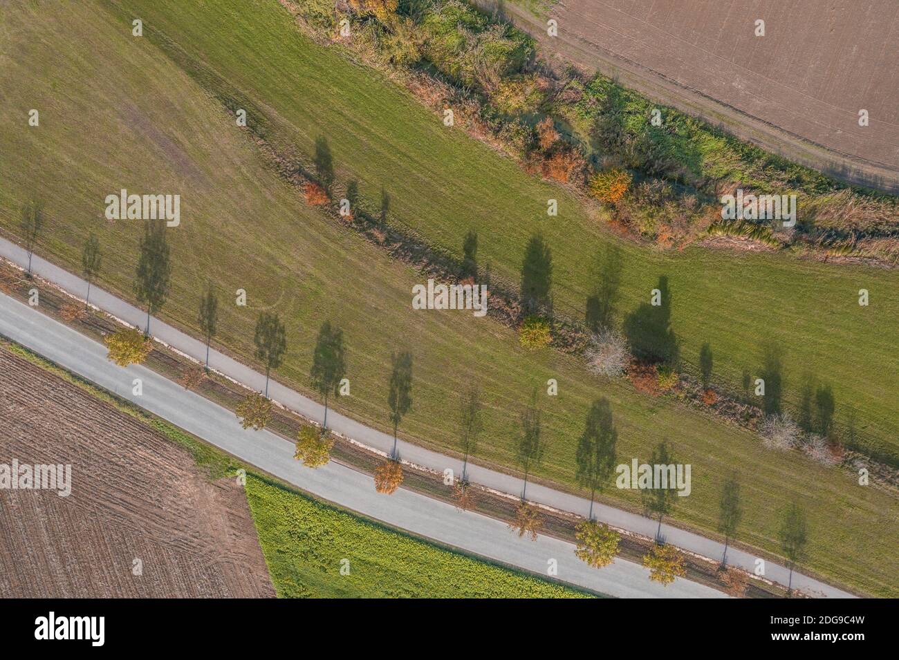 Picture of an aerial view of the landscape in Bavaria with street field ...