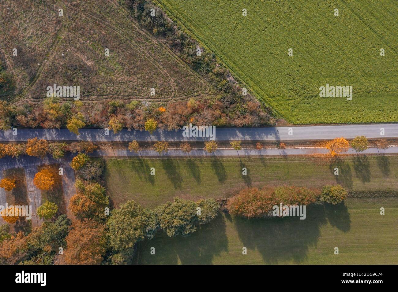 Picture of an aerial view of the landscape in Bavaria with street field ...