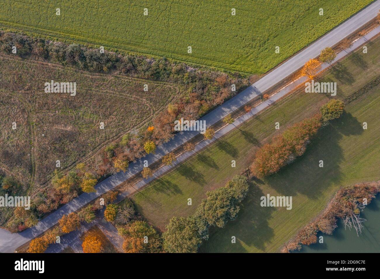 Picture of an aerial view of the landscape in Bavaria with street field ...