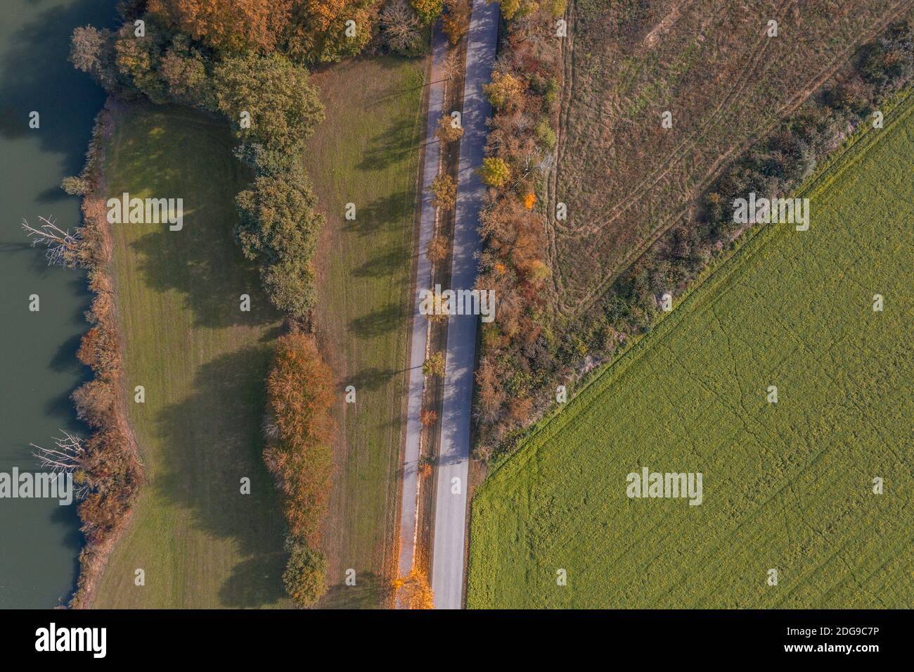 Picture of an aerial view of the landscape in Bavaria with street field ...