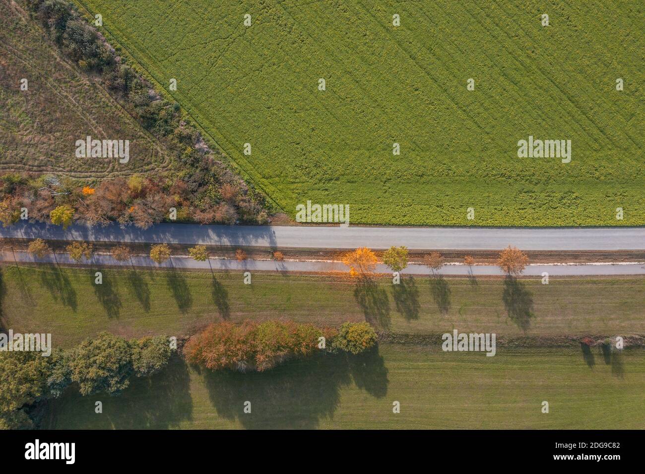 Picture of an aerial view of the landscape in Bavaria with street field ...