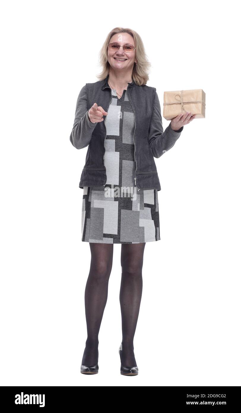happy young woman with a gift box. isolated on a white Stock Photo - Alamy