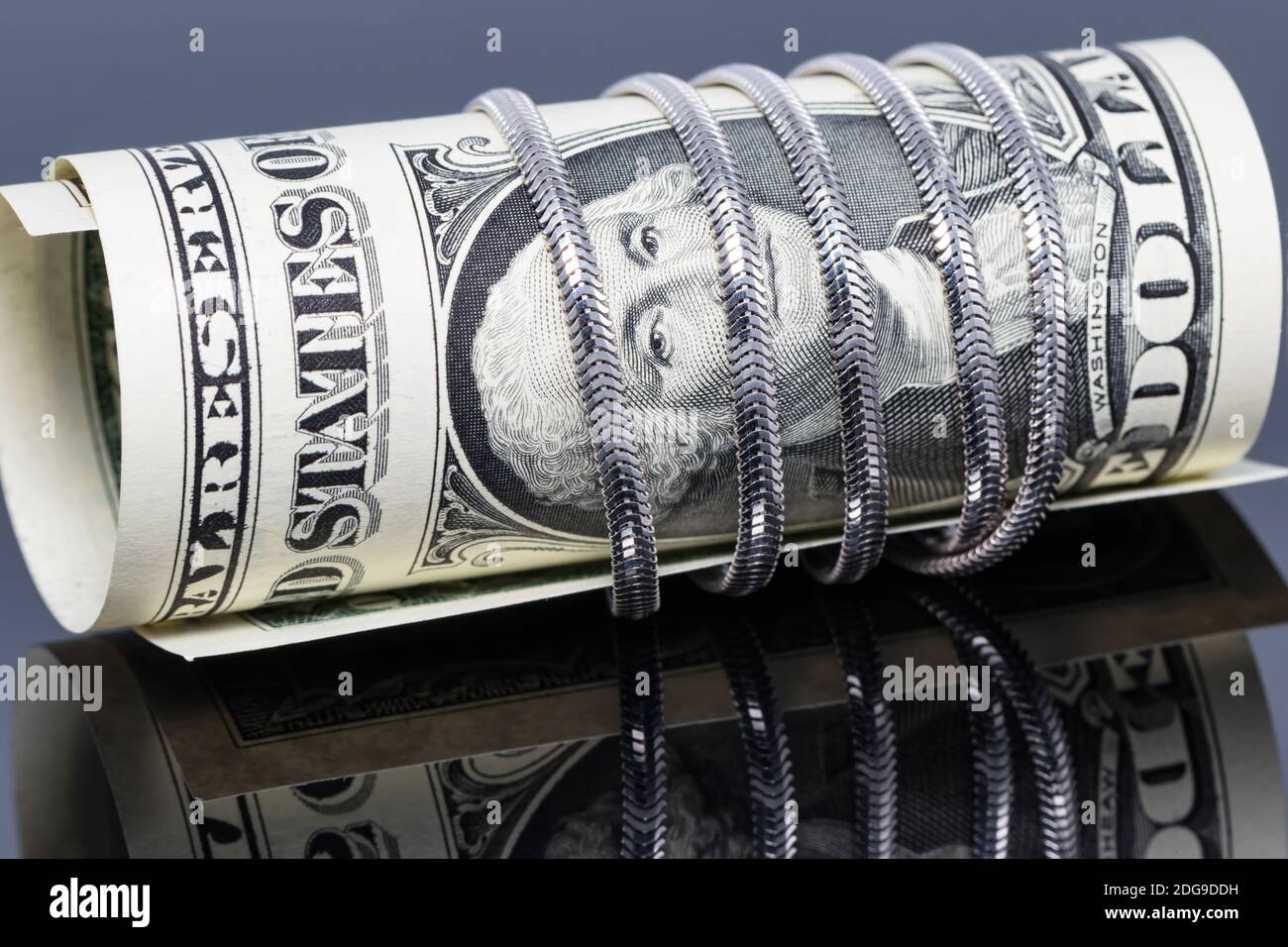 One dollar banknote is wrapped around a silver chain with a snake ...