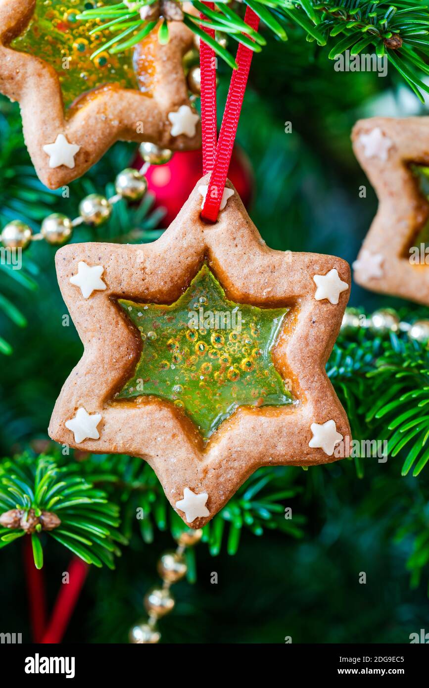 Christmas stained glass window biscuits on a Christmas tree Stock Photo ...