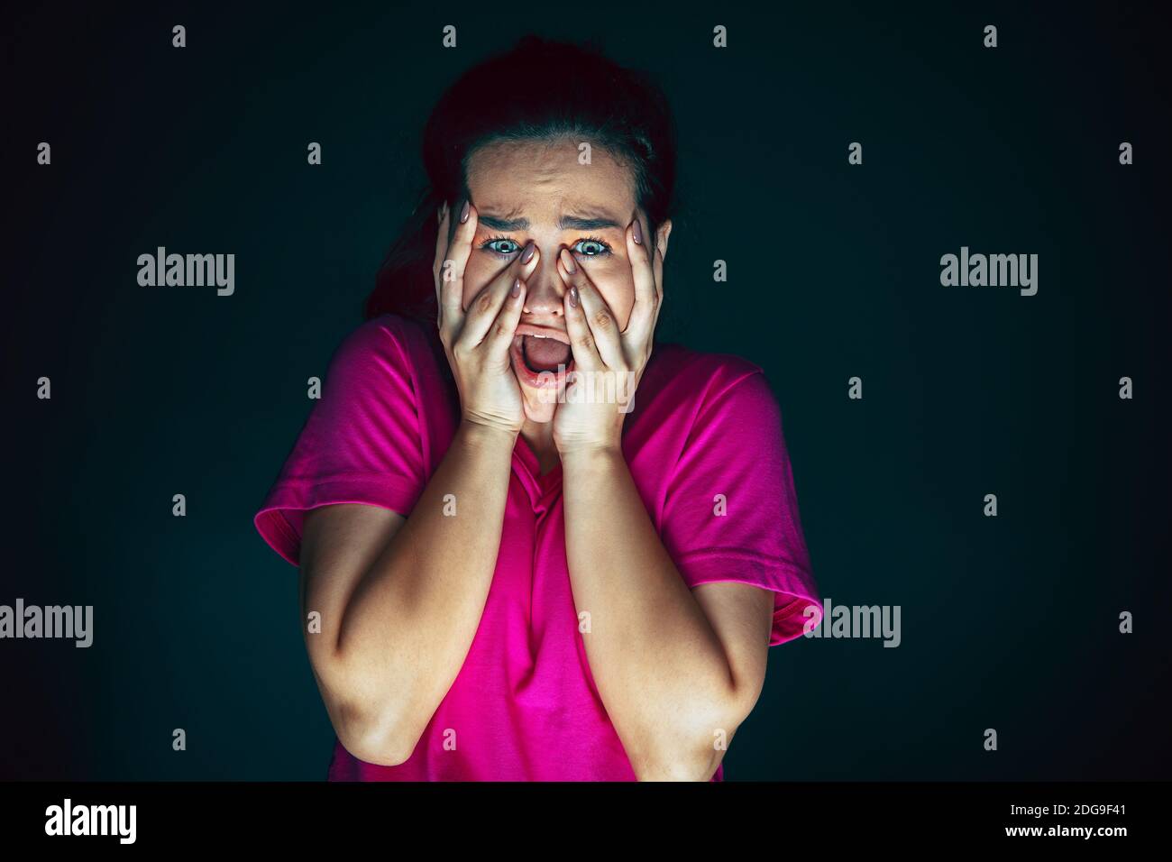 Crying. Portrait of young crazy scared and shocked caucasian woman ...