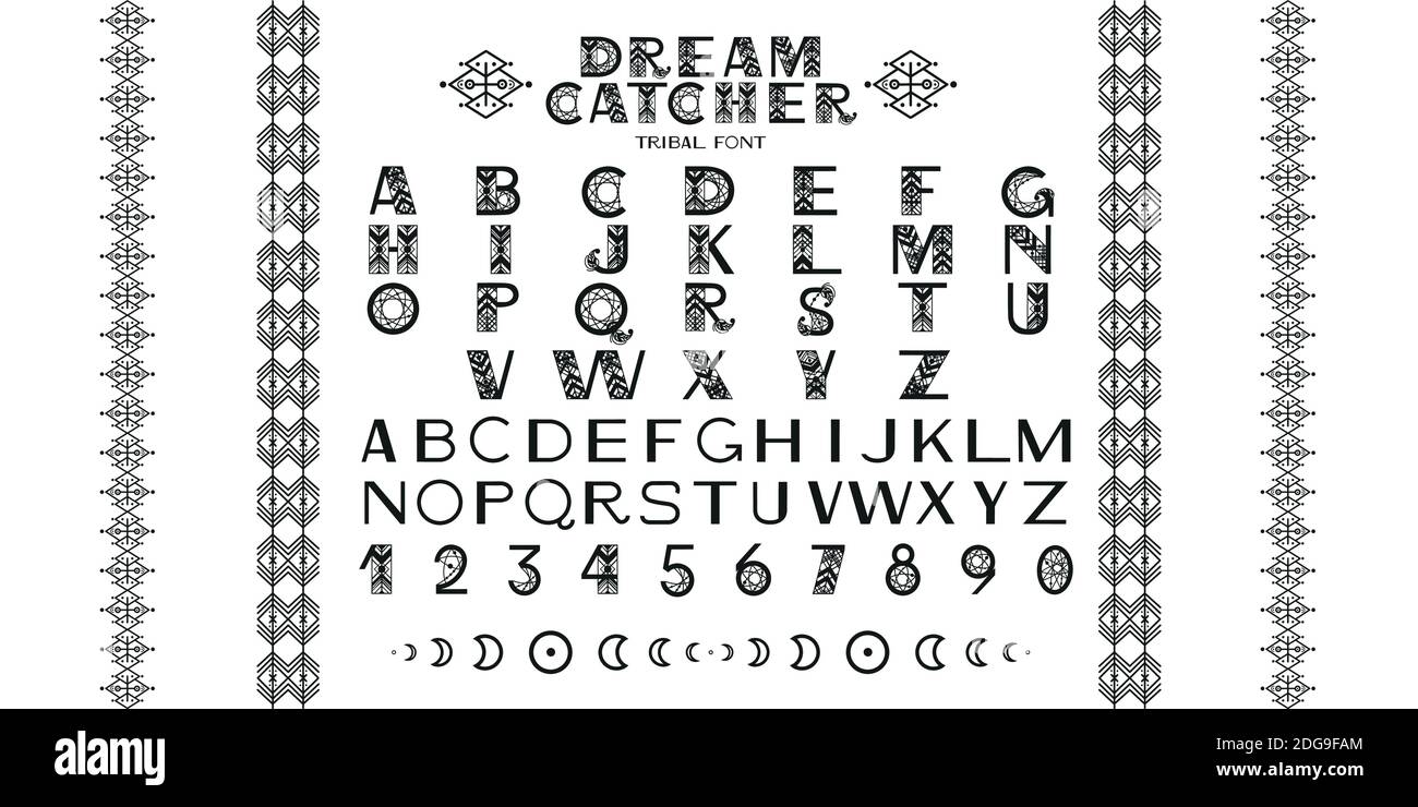 Tribal Alphabet. Letters, numbers and symbols in geometric ethnic style ...