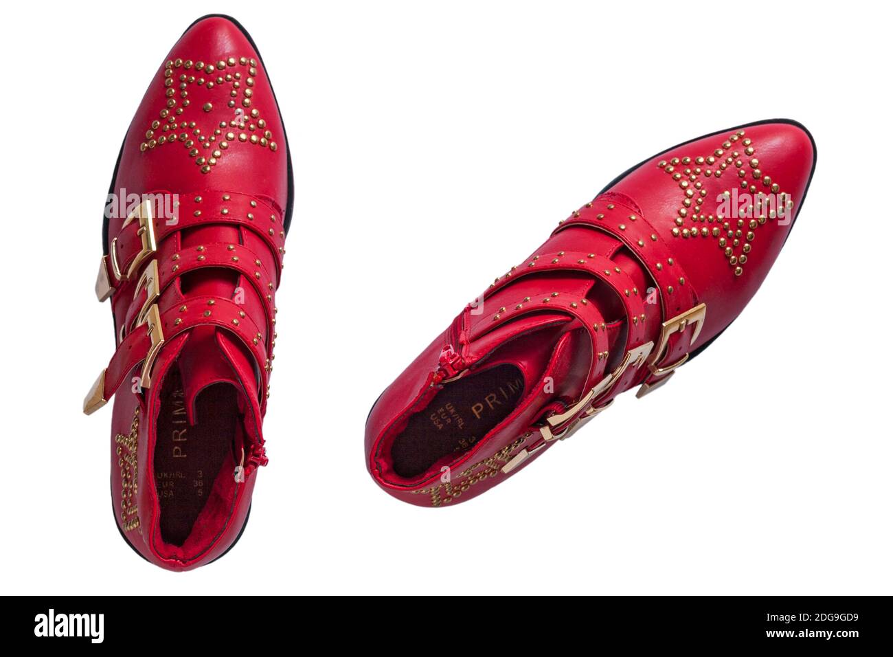red ankle boots with gold coloured studs arranged in shape of star and ...