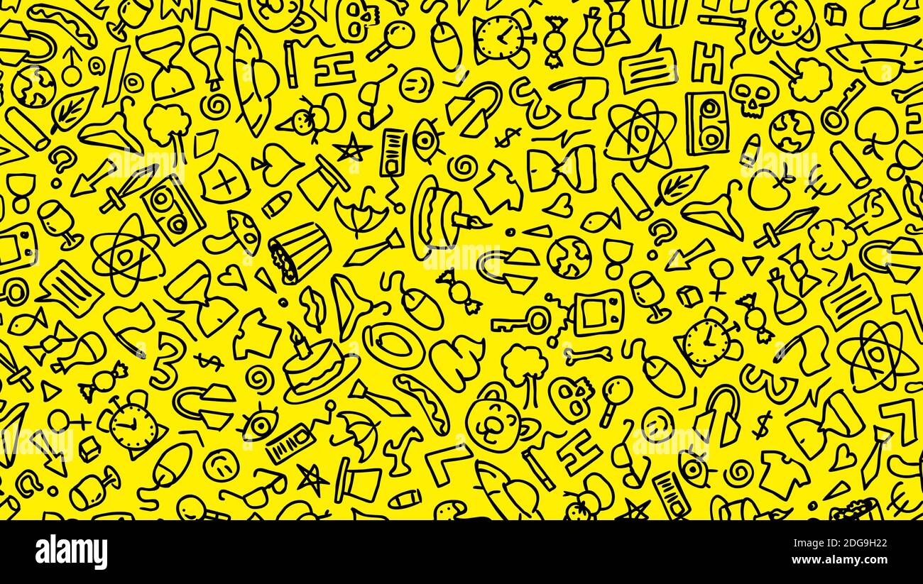 Yellow cartoon hand drawn hippie doodles seamless pattern. Line art ...