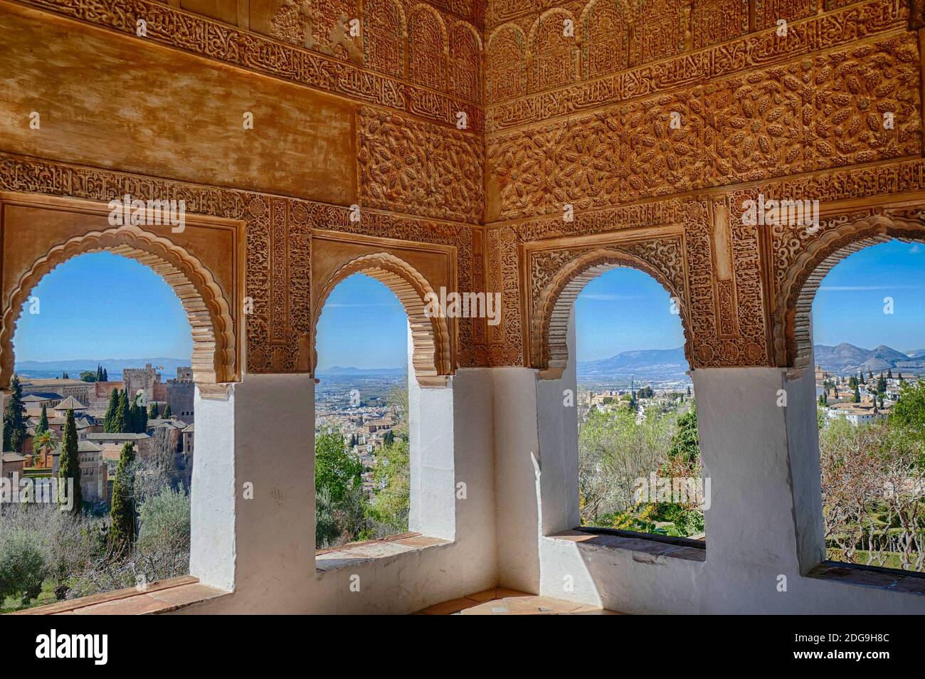 The stucco arch and ceiling of Alhambra Palace, Grenada, Spain Stock ...