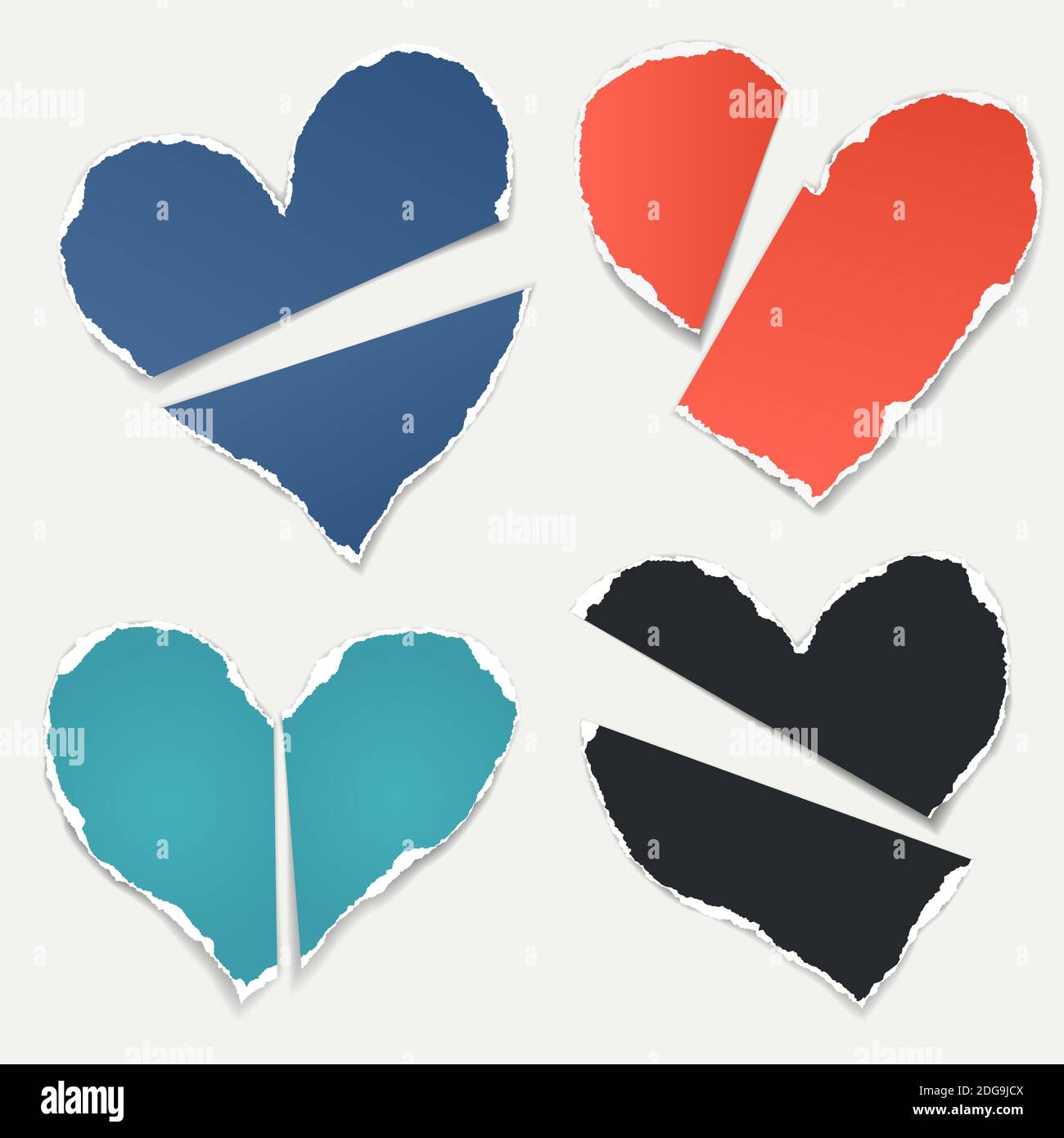 Torn of colorful, broken paper hearts with soft shadow stuck on white ...