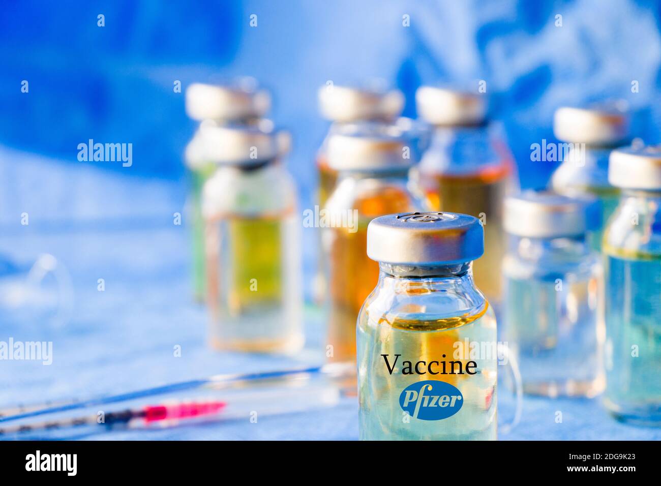 Corona virus and Covid - 19 new Pfizer vaccine in medical bottle ...