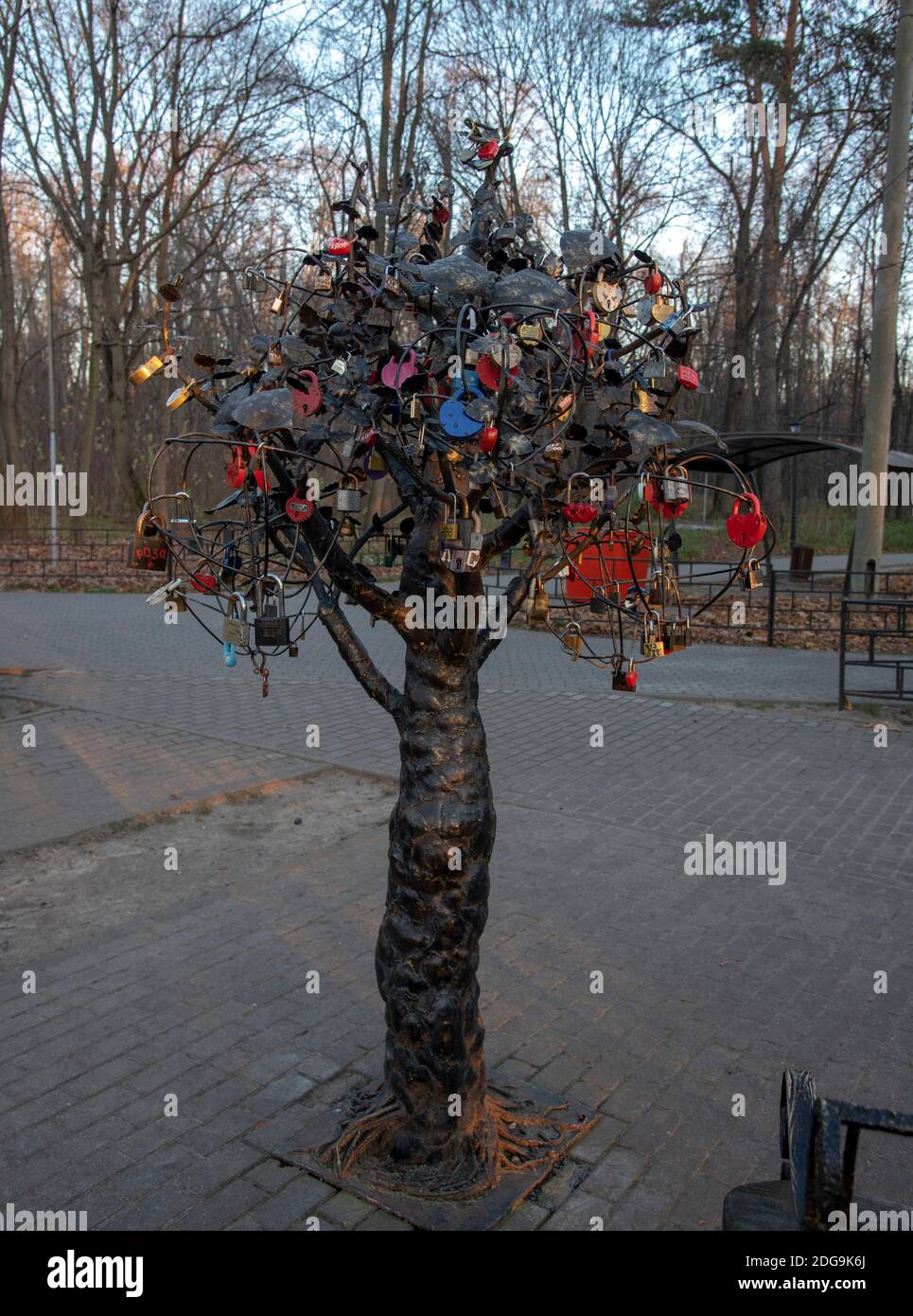 A metal tree with locks hanging on it in a public autumn Park. Signs ...