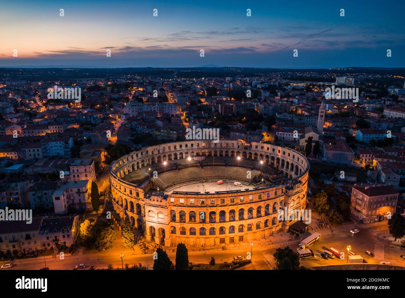 Aerial photo of Roman Colosseum in Pula, Croatia at night Stock Photo ...
