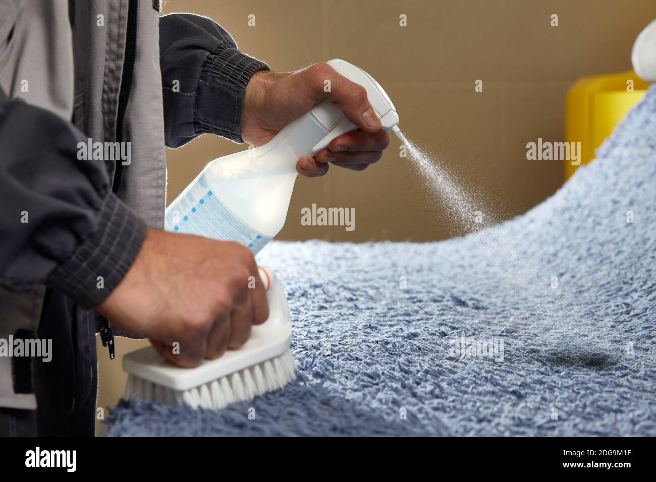 Man Spraying Detergent On Grey Carpet To Remove Stain in professional ...
