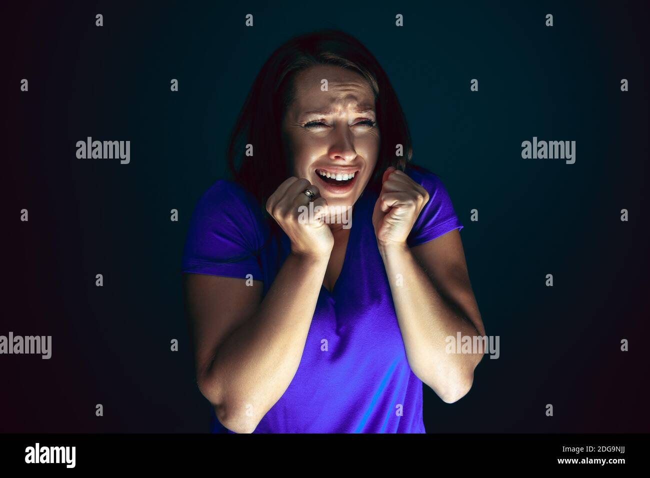 Crying. Portrait of young crazy scared and shocked caucasian woman ...