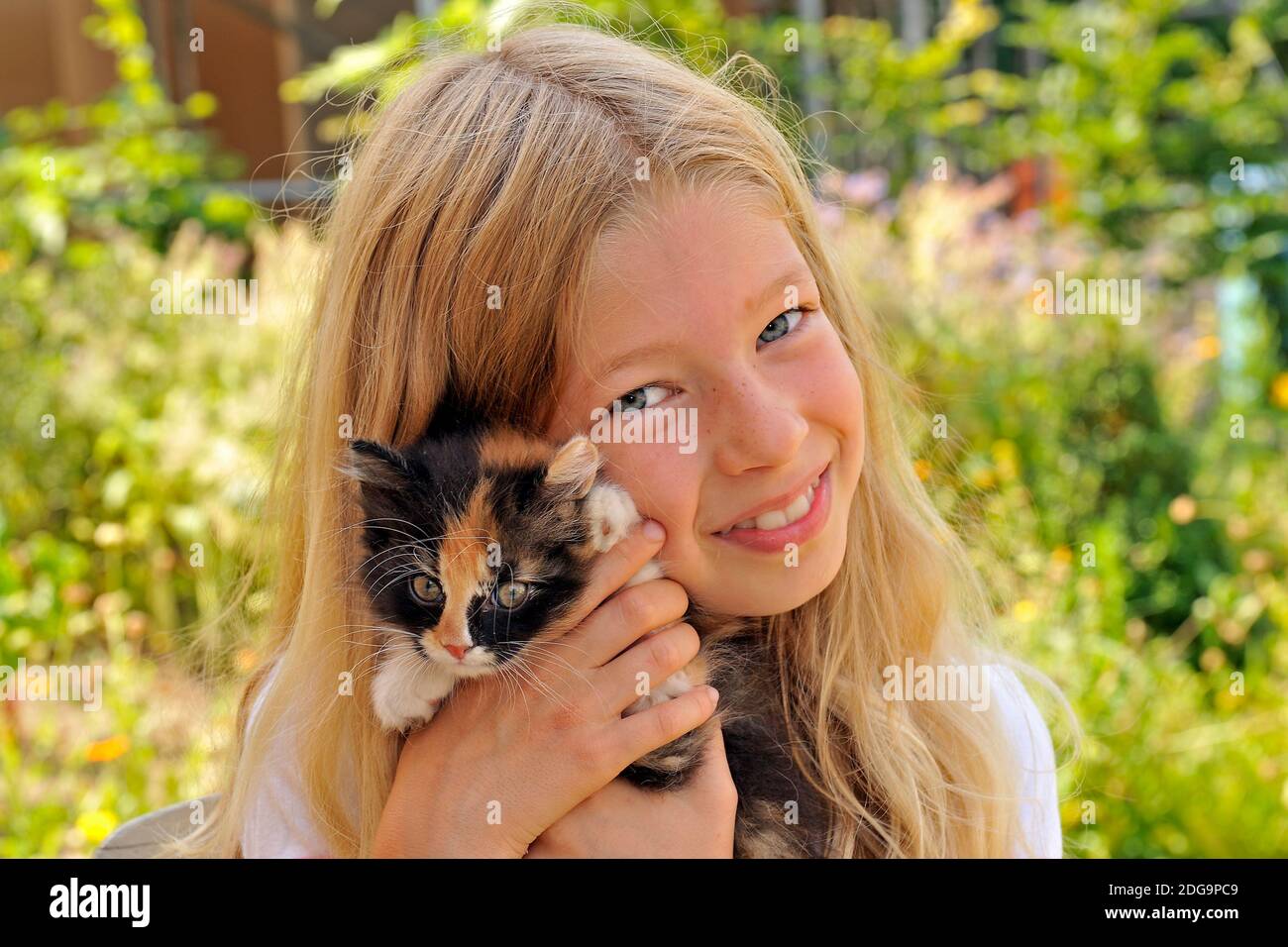 Junges Blondes Mädchen mit junger Katze auf dem Arm Stock Photo - Alamy