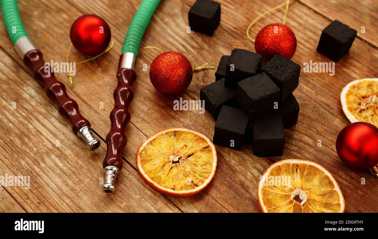 Hookah background for new year and christmas. Hookah, charcoal, dry ...
