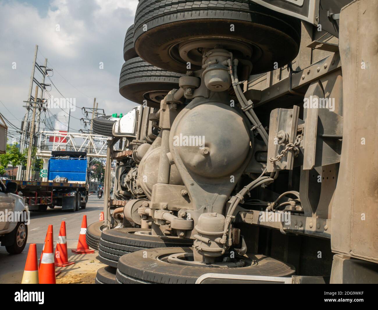 Close-up of A view of under the truck carrying a container overturned ...