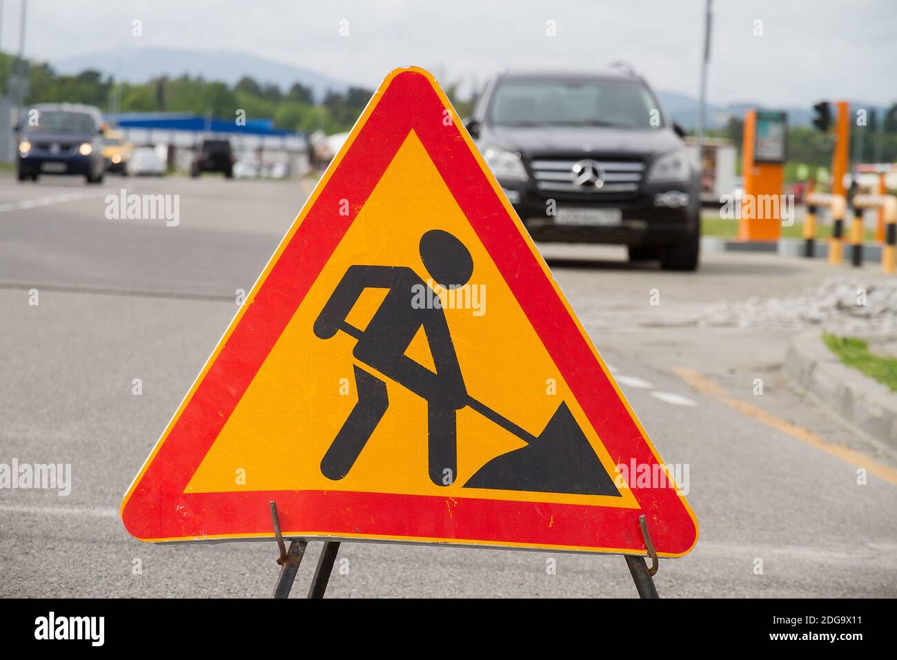 Russia. Krasnodar region. Warning sign in the area of road works on the ...