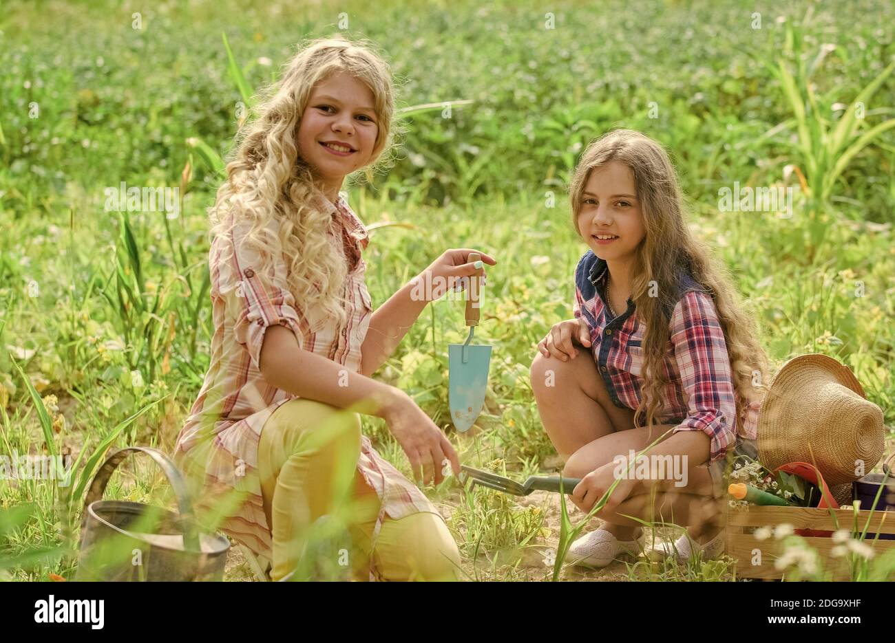 Planting and watering. Planting vegetables. Sisters together helping at ...