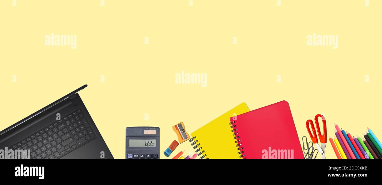 School supplies items. Bottom border on a soft yellow background. Back ...