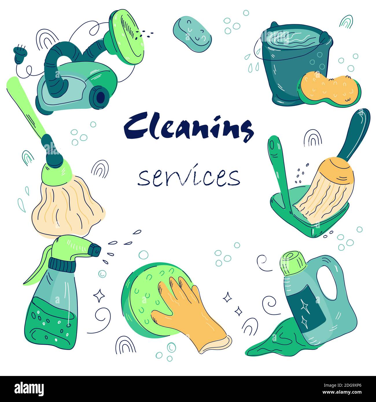 Cleaning services banner with washing tools in doodle style, cartoon ...