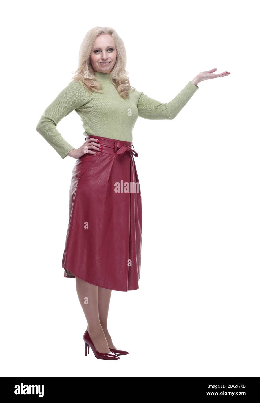 side view. attractive young woman pointing at a white screen Stock ...