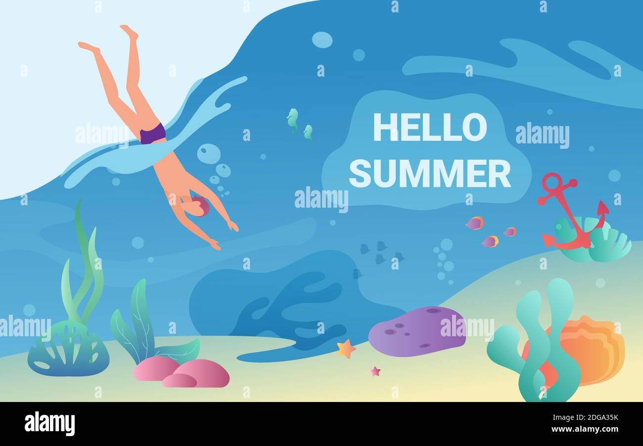 Hello summer concept vector illustration. Cartoon swimmer man character ...
