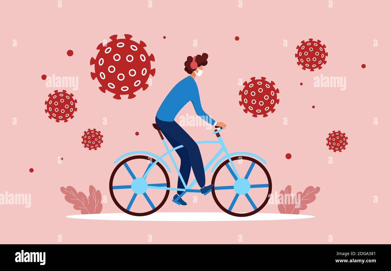 Coronavirus protection concept vector illustration. Cartoon man cyclist ...