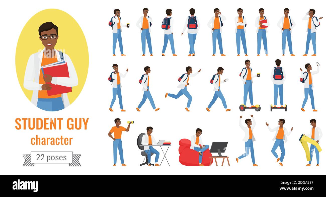 Student guy poses vector illustration set. Cartoon young male character ...
