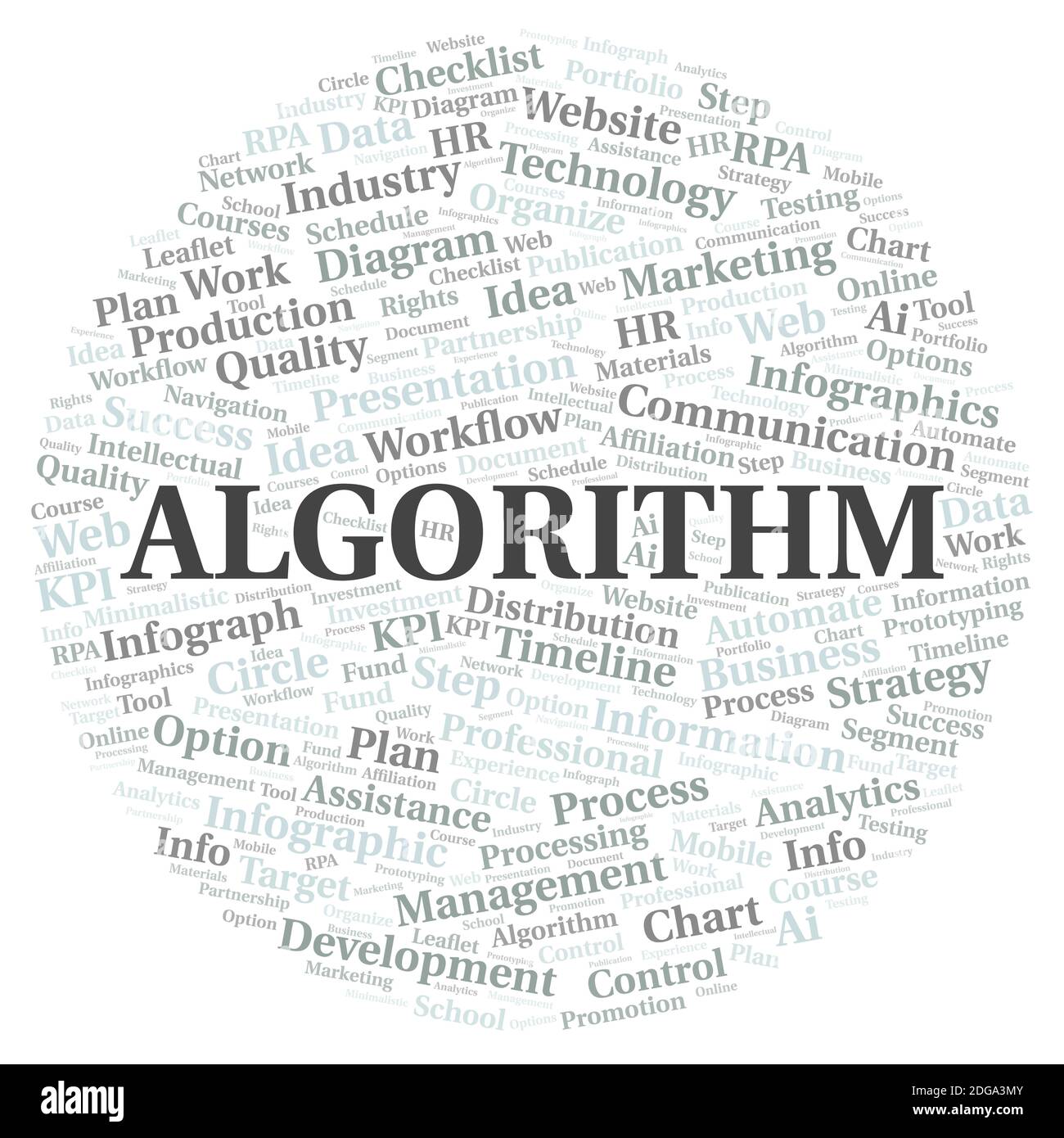 Algorithm typography word cloud create with text only Stock Photo - Alamy