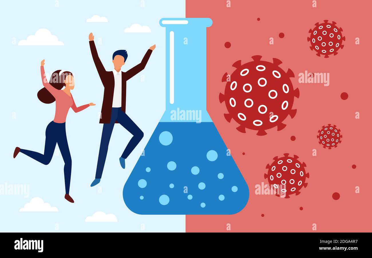 Happy vaccinated couple people jump and celebrate successful ...