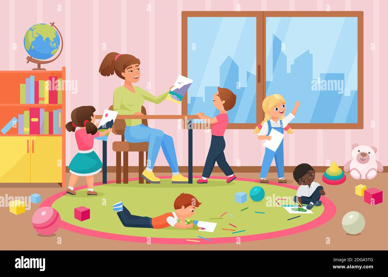 Happy kids artists and teacher vector illustration. Cartoon painter ...